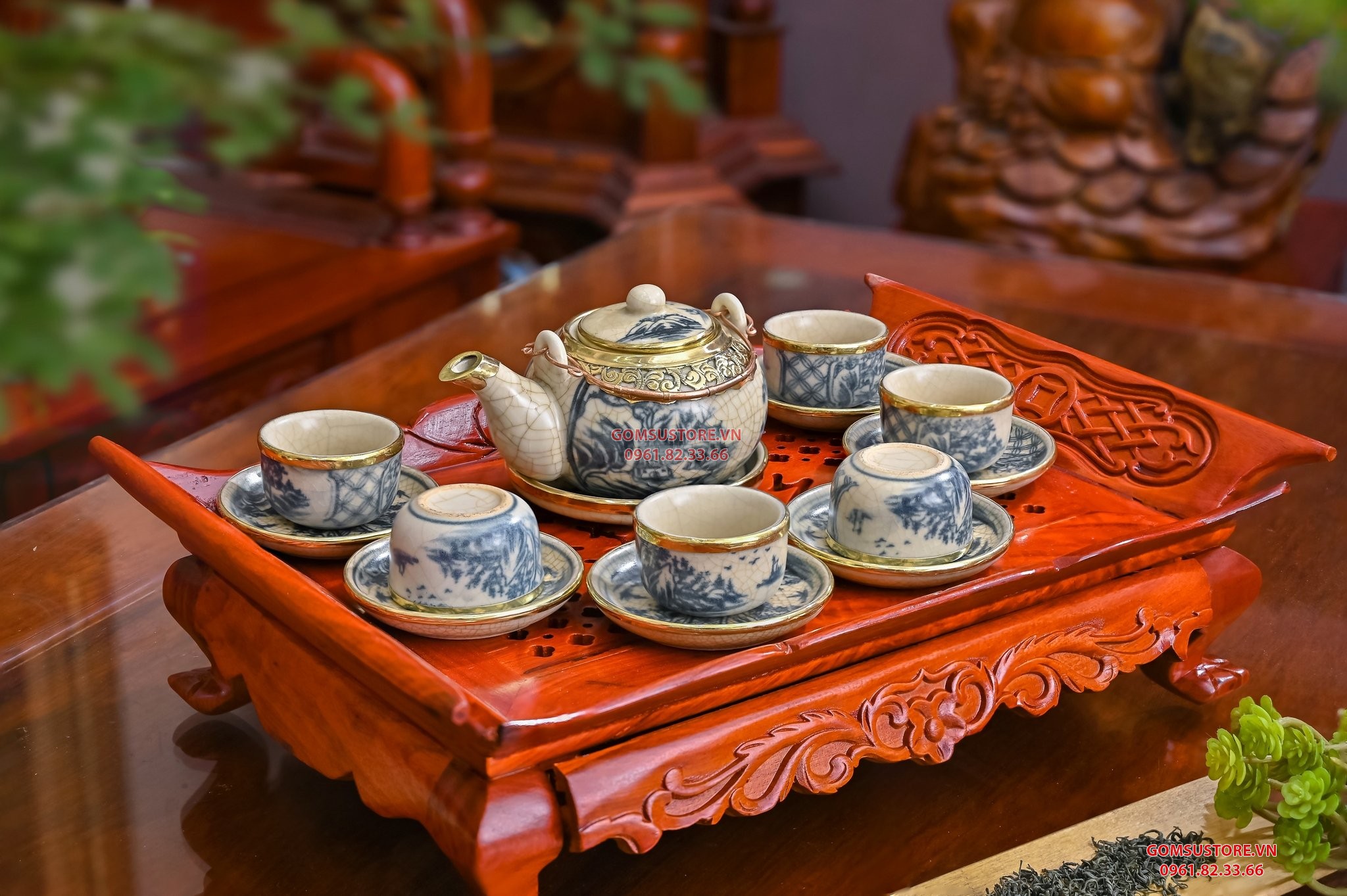 Bộ Ấm Chén Bát Tràng Men Rạn Cổ Bọc Đồng Đầy Đủ Phụ Kiện Dáng Nhật ...